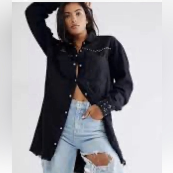 Free People | Tops | Free People Lasso Studded Shirt Dress Distressed ...